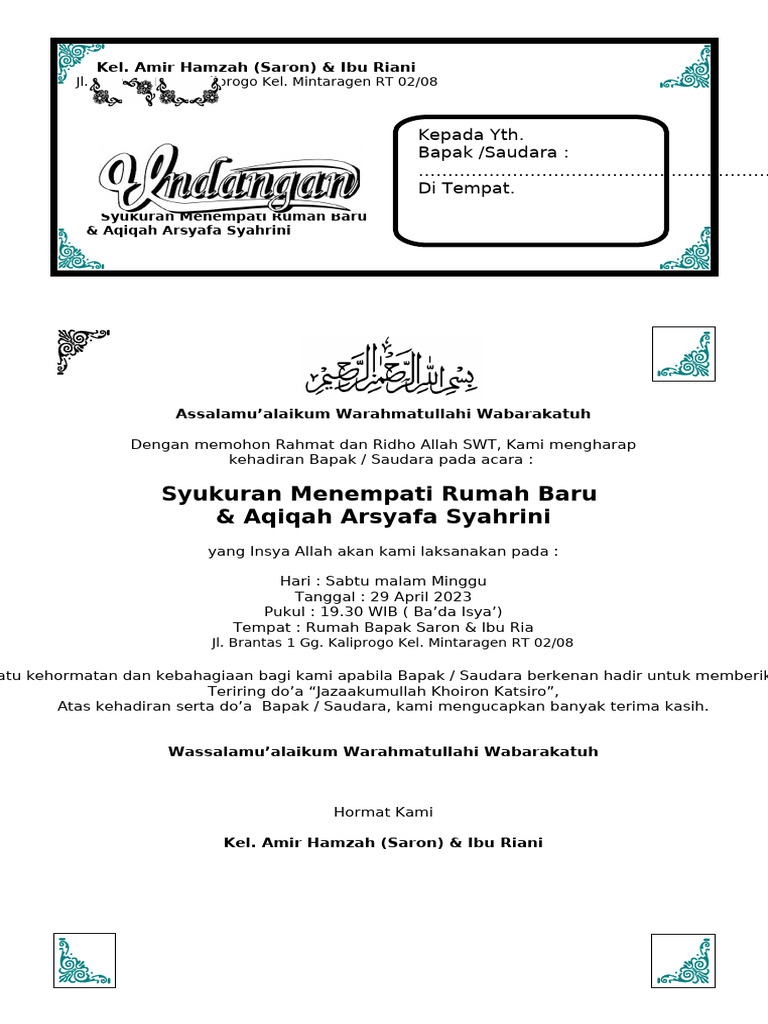 Undangan Syukuran Rumah Baru & Aqiqah | PDF