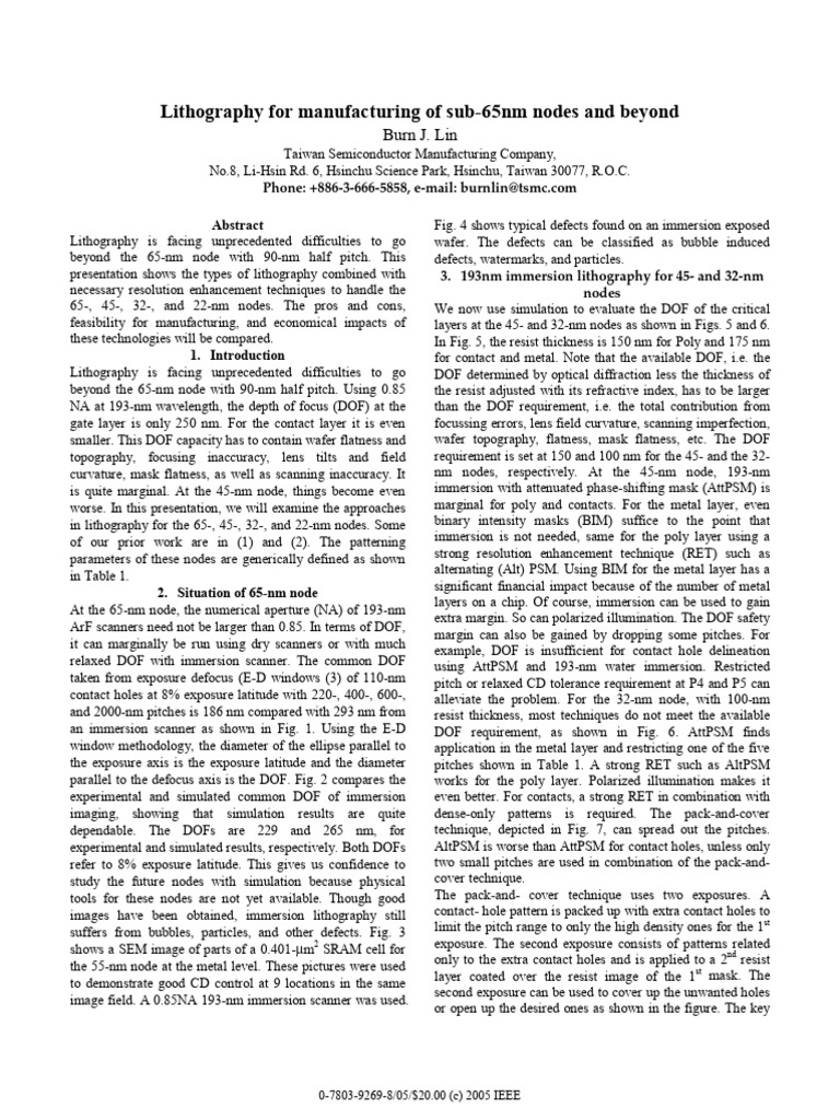 Lithography For Manufacturing of Sub-65nm Nodes and Beyond | PDF ...