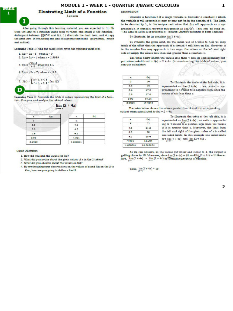 Basic Calculus Module 1 - Week 1 - Q3 - Limits of A Function and Limit Laws | PDF