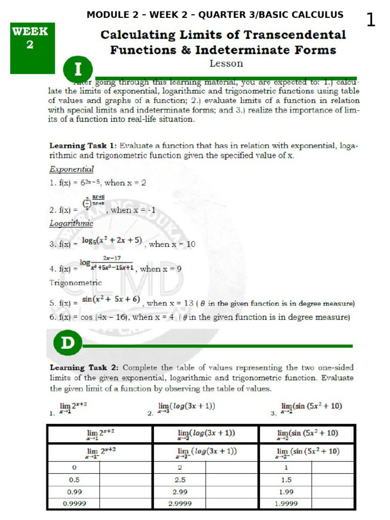 Basic Calculus Module 2 - Week 2 - Q3 - Limits of Transcedental Functions | PDF