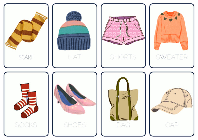Colourful Illustrative English Winter Clothes Flashcards | PDF