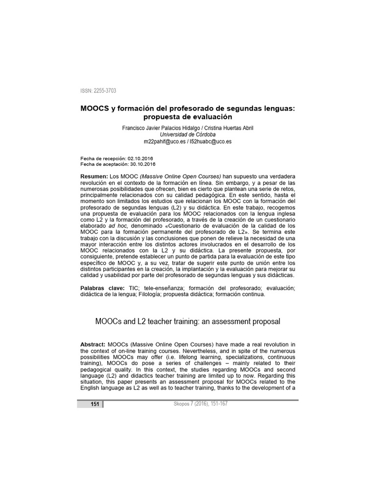 MOOCs y Formación Del Profesorado de Segundas Lenguas Propuesta de Evaluación. Skopos | PDF ...