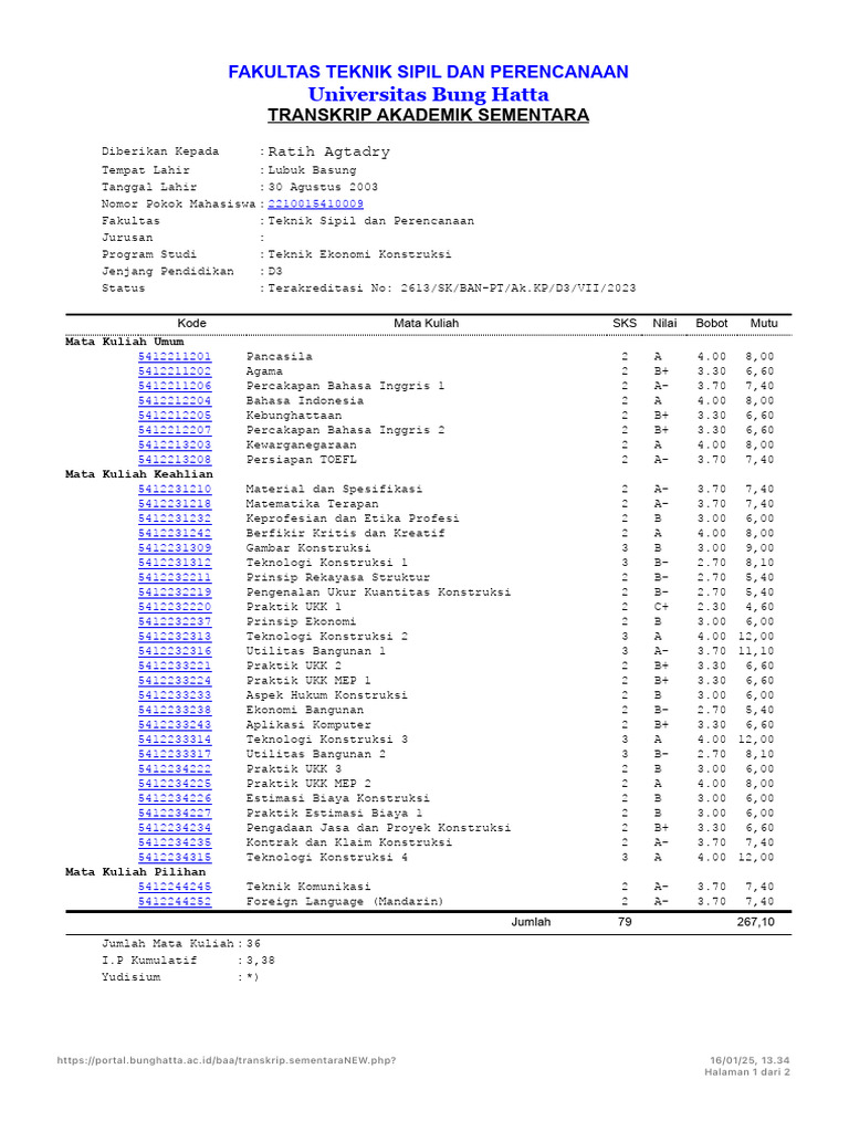 Transkrip Akademik Ratih Agtadry - NPM 2210015410009 | PDF