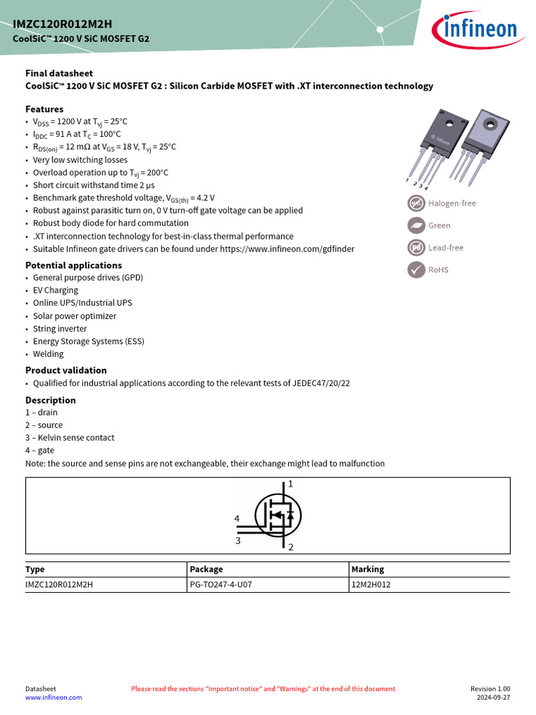 Infineon_IMZC120R012M2H_DataSheet_v01_00_EN-3536394 | PDF | Manufactured Goods | Semiconductor ...