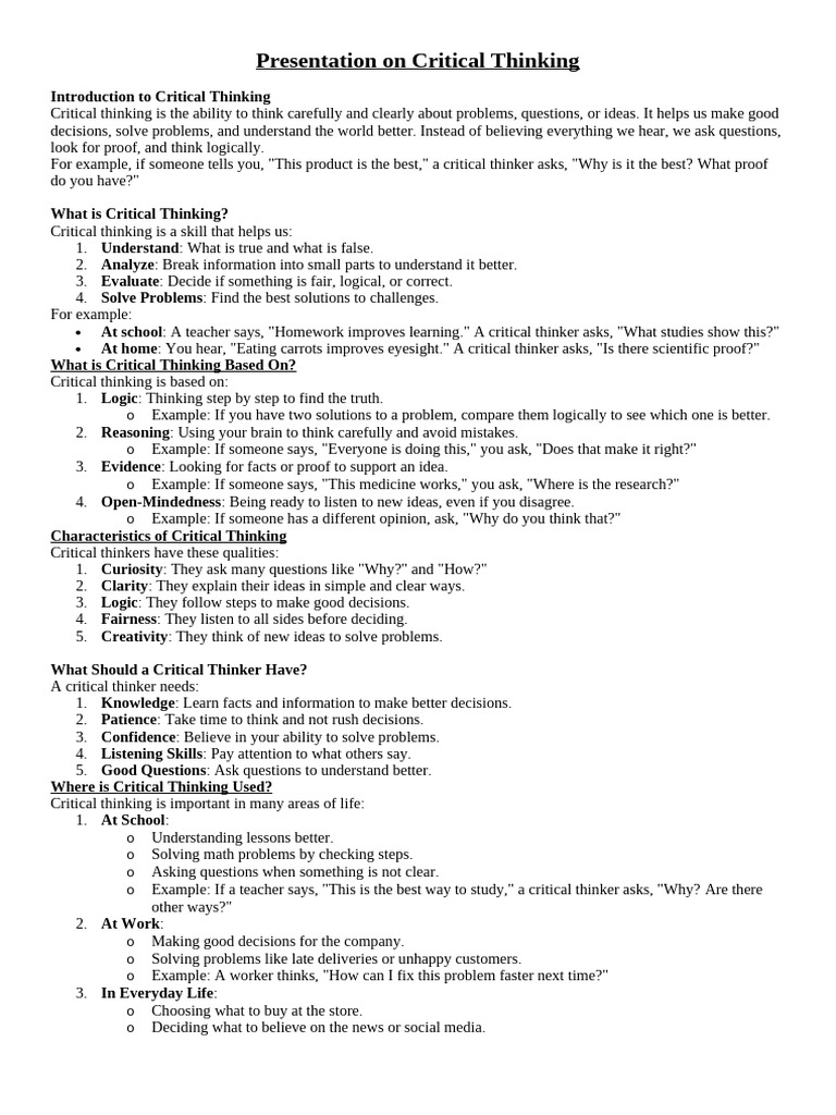 Presentation On Critical Thinking | PDF | Critical Thinking | Thought