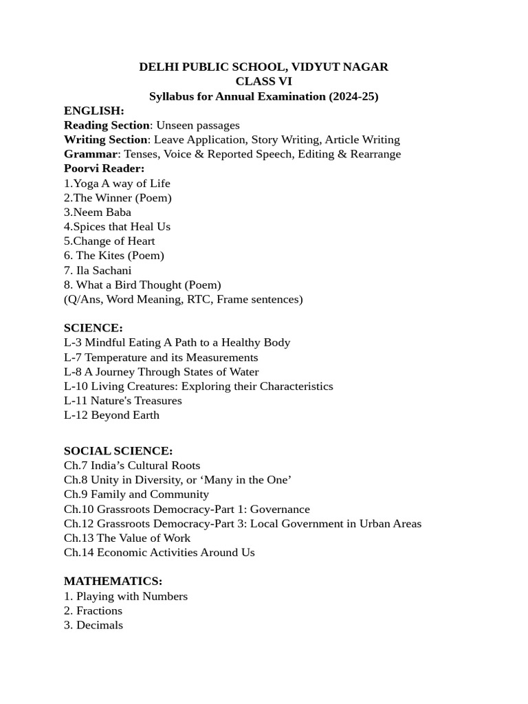 Class VI Syllabus | PDF