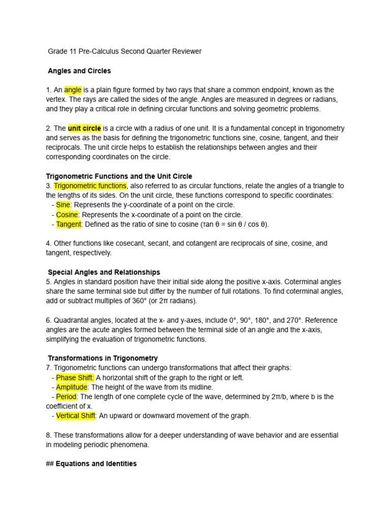 Grade 11 Pre-Calculus Second Quarter Reviewer | PDF | Trigonometric ... Grade 11 Pre-Calculus Second Quarter Reviewer | PDF | Trigonometric ...
