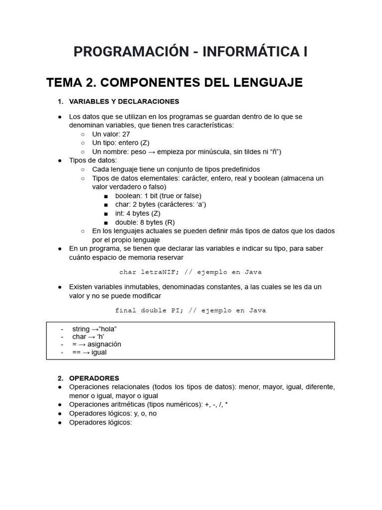 T2. COMPONENTES DEL LENGUAJE - Programación | PDF | Tipo de datos ...