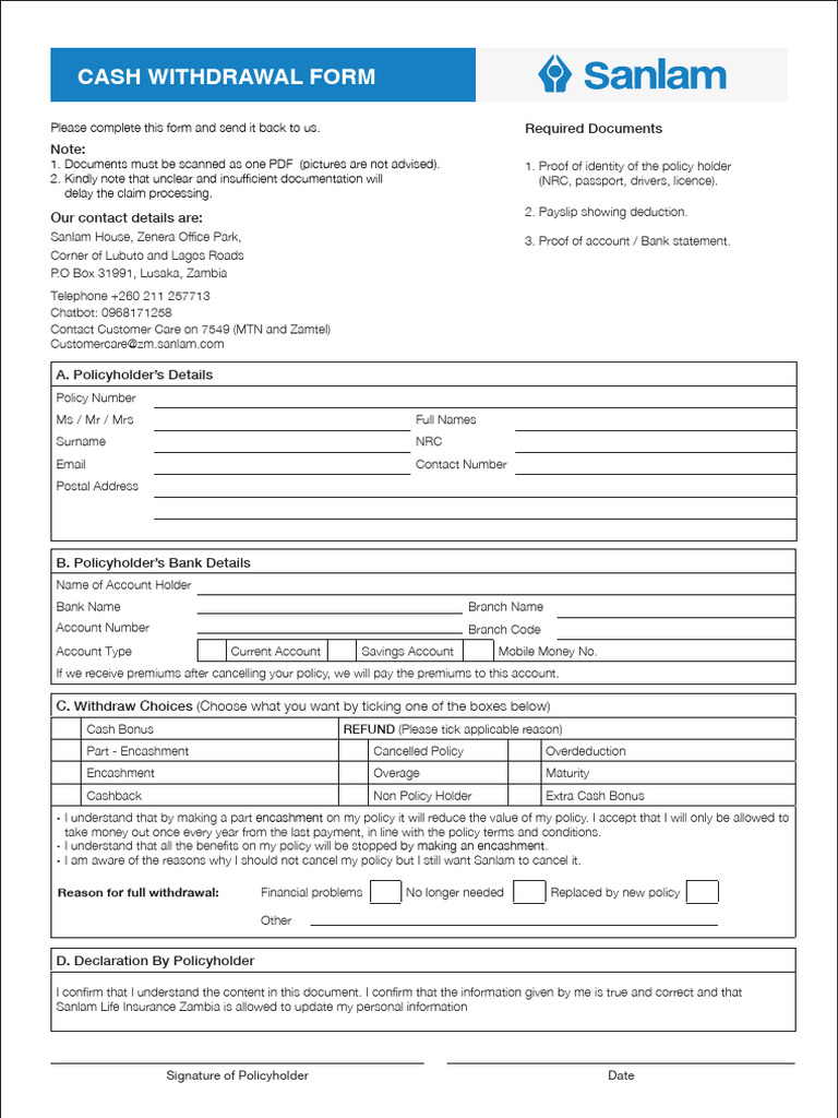 2024 Cash Withdrawal Form | PDF | Insurance | Life Insurance