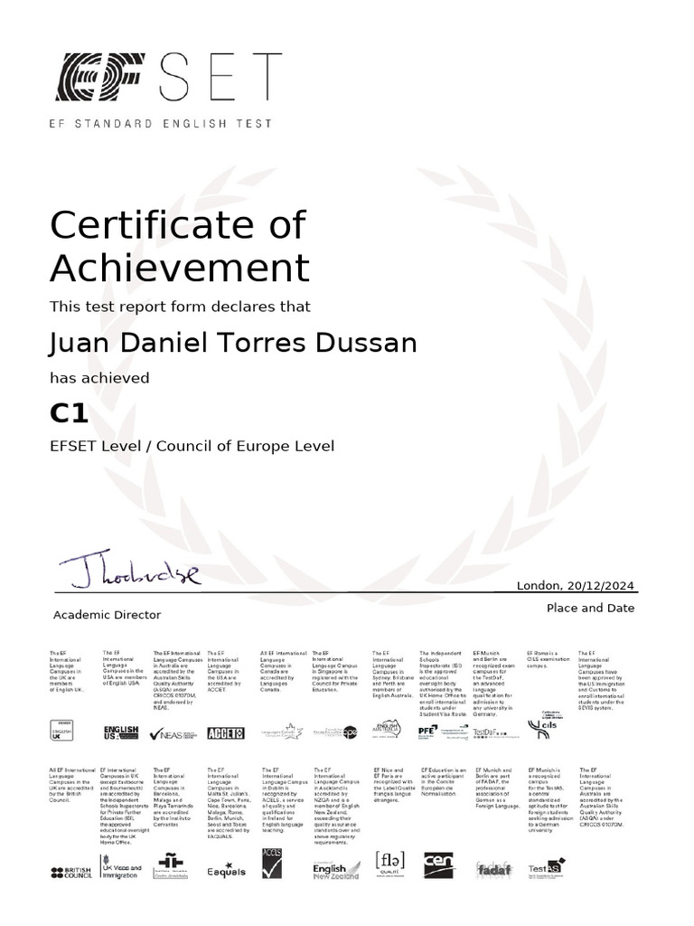 EFSET C1 Certificate for Juan Dussan | PDF