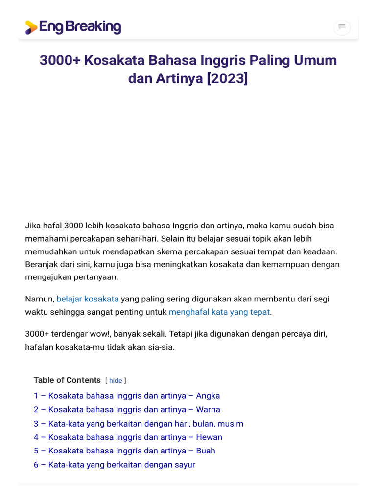 3000+ Kosakata Bahasa Inggris Paling Umum Dan Artinya (2023) | PDF