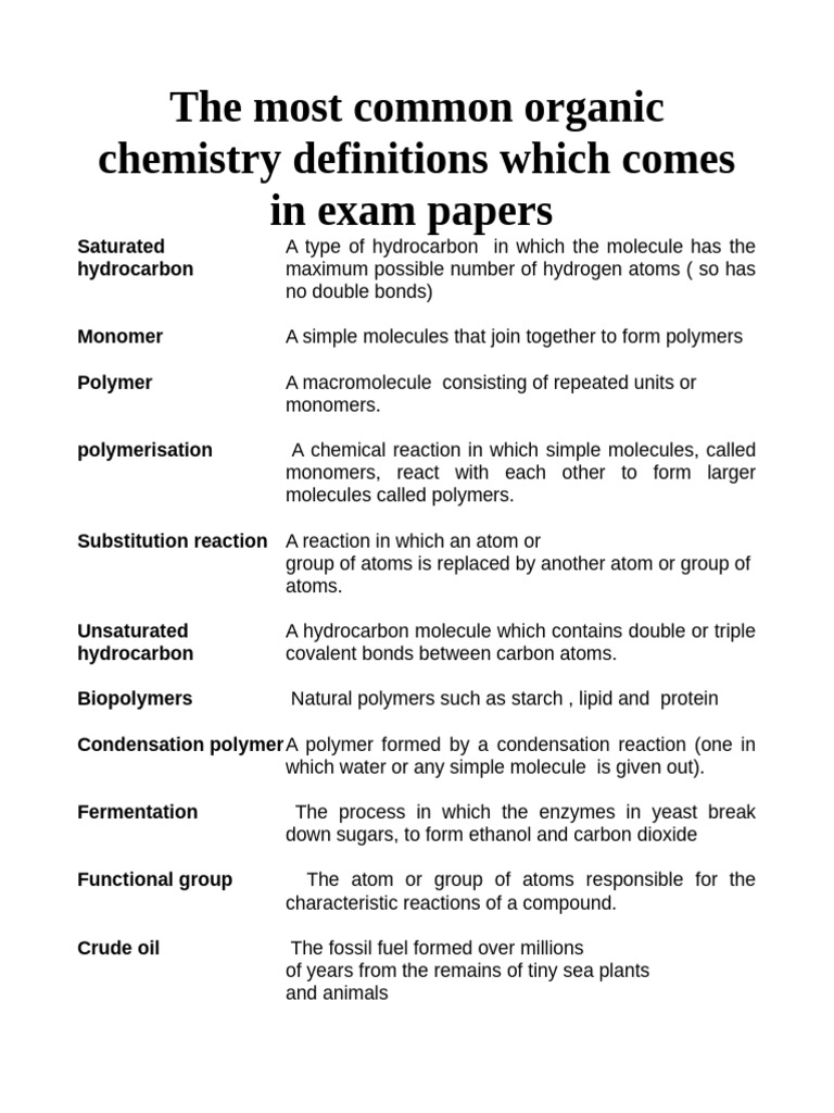 Key Organic Chemistry Definitions | PDF | Hydrocarbons | Molecules