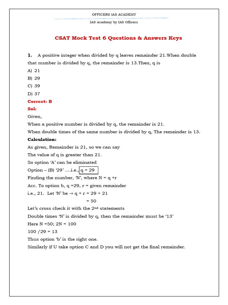 CSAT 6 Q&A | PDF | Numbers | Interest