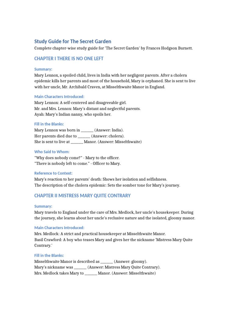 The Secret Garden Study Guide All Chapters | PDF | The Secret Garden