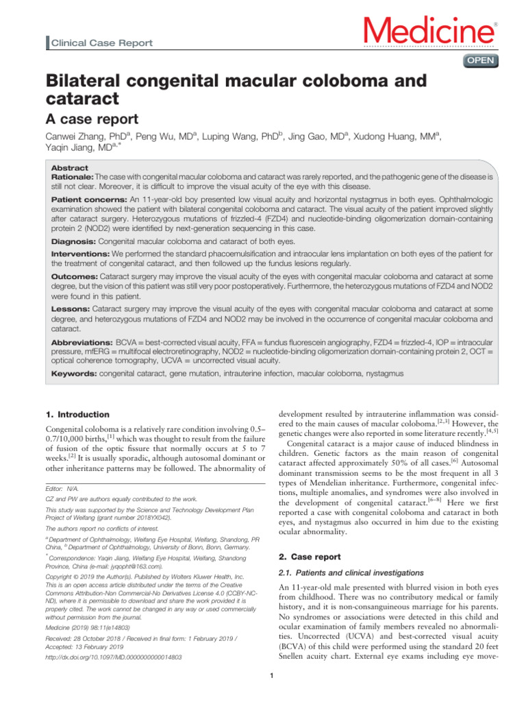 Zhang 2019. Bilateral Congenital Macular Coloboma and Cataract A Case ...