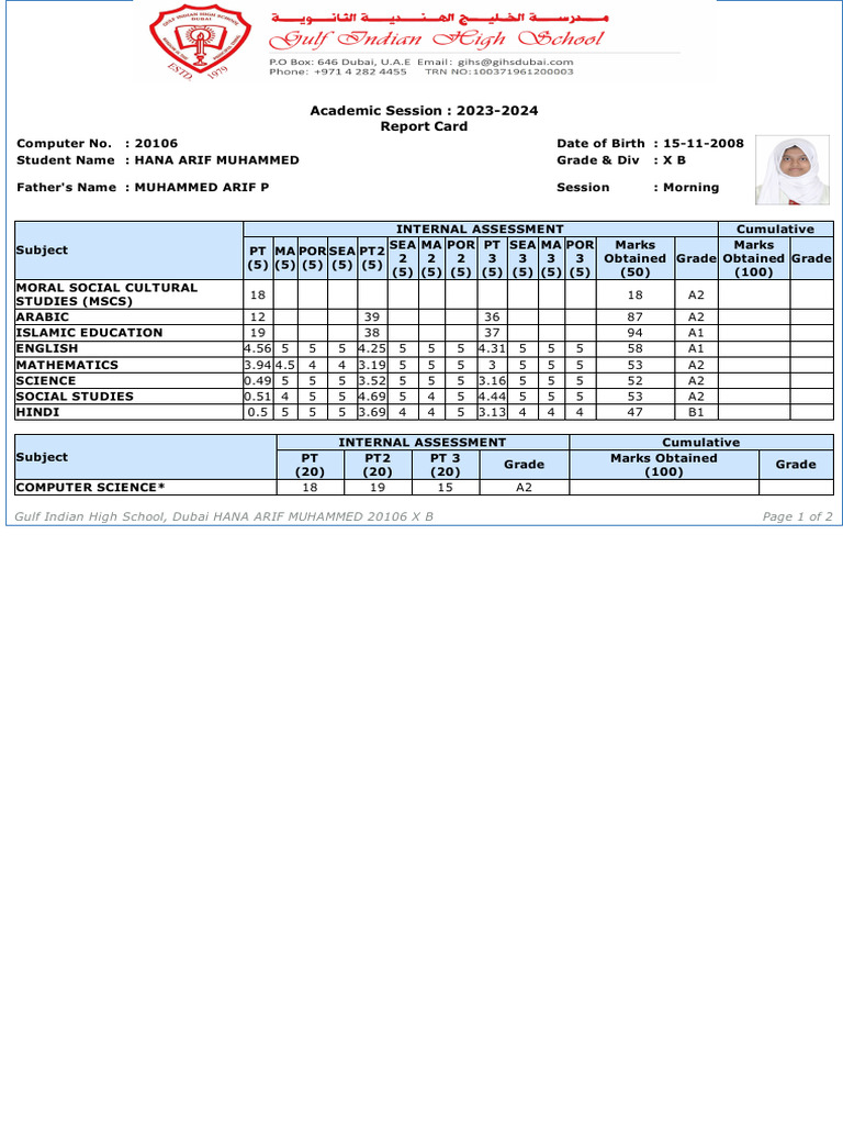 Internal Assessment Progresscard | PDF