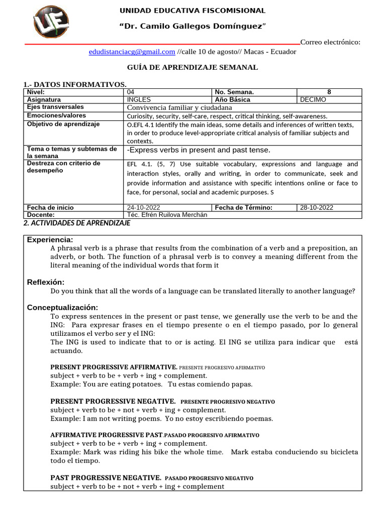 Guia Semana 8 10mo Egb-Ingles Efren | PDF | Language Mechanics | Linguistic Morphology