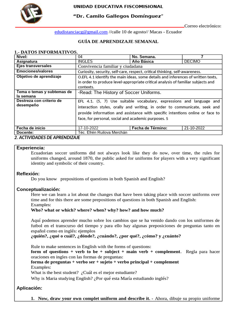 Guia Semana 7 10mo Egb-Ingles Efren | PDF | Lingüística