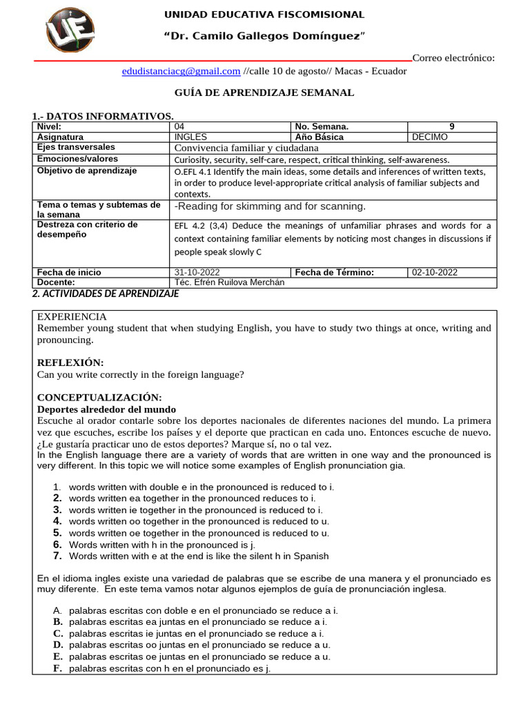 Guia Semana 9 10mo Egb-Ingles Efren | PDF