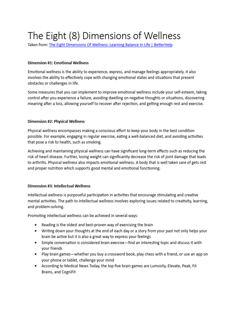 The Eight Dimensions of Wellness - Jan 2024 | PDF | Mind | Psychology