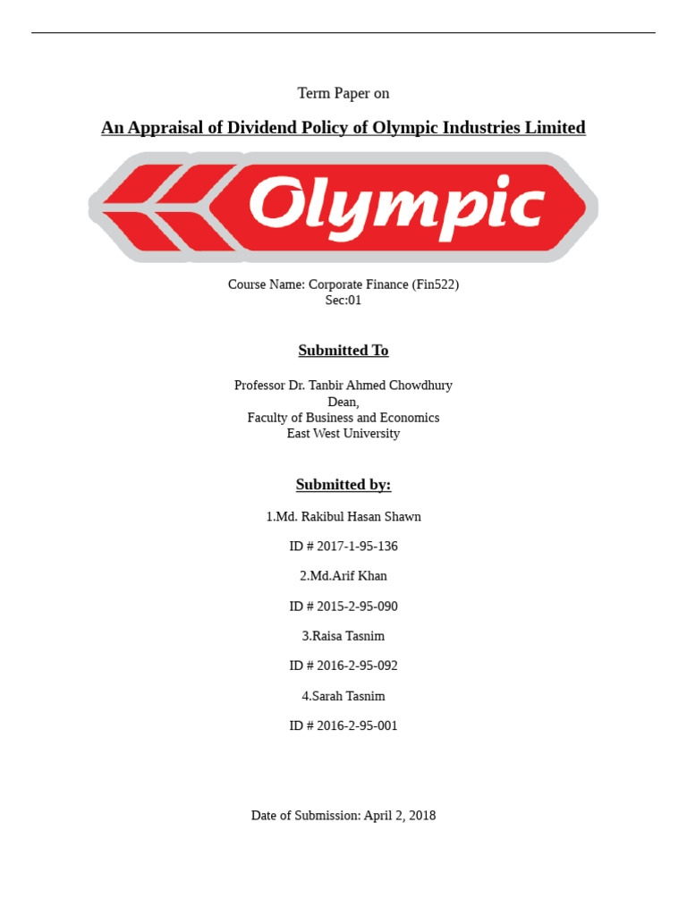 An Appraisal of Dividend Policy of Olympic Industries Limited Docx ...
