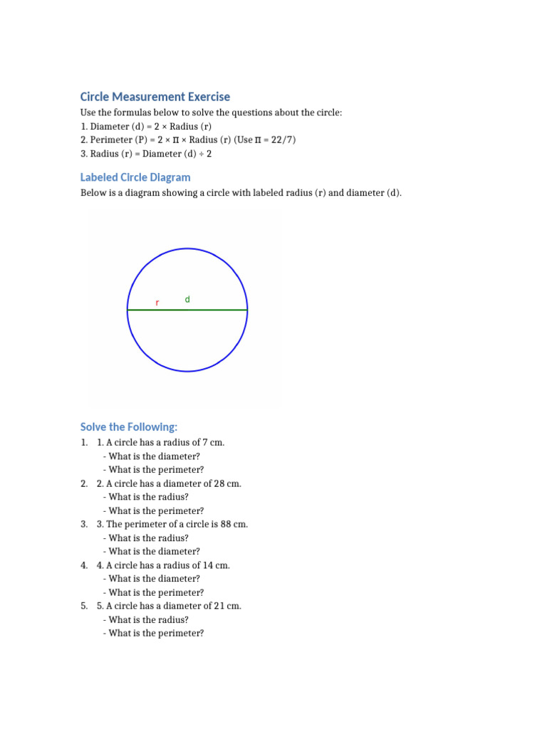 Circle Measurement Exercise With Labeled Diagram | PDF