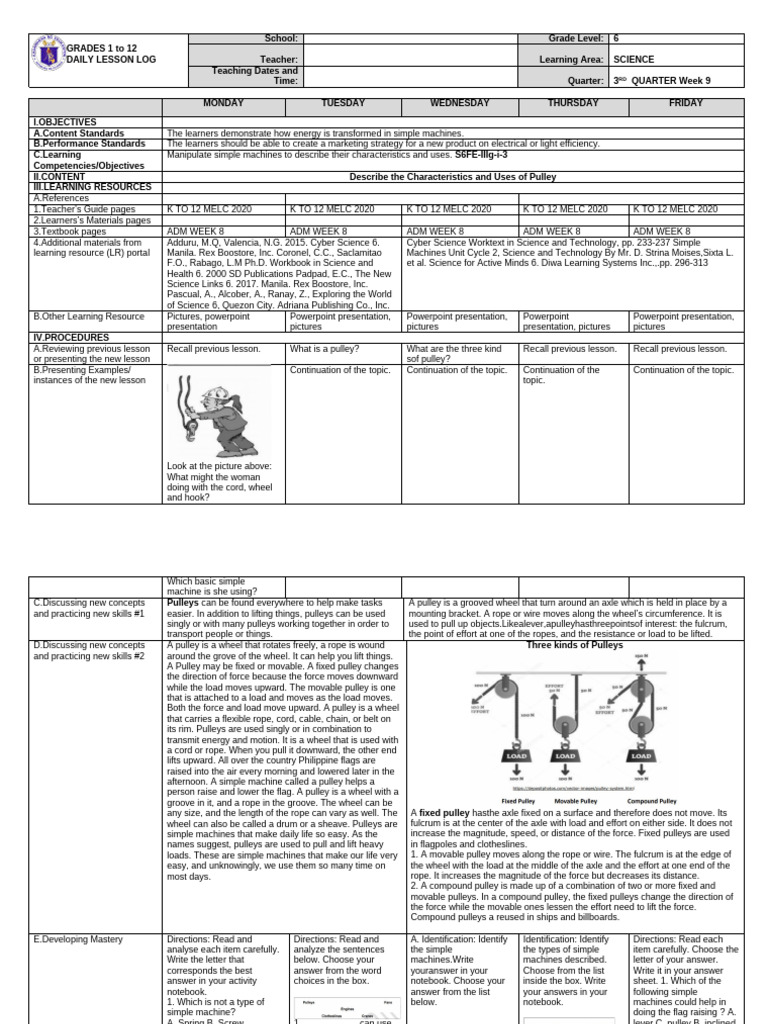 DLL g6 Science q3 w9 | PDF | Machines | Mechanical Engineering