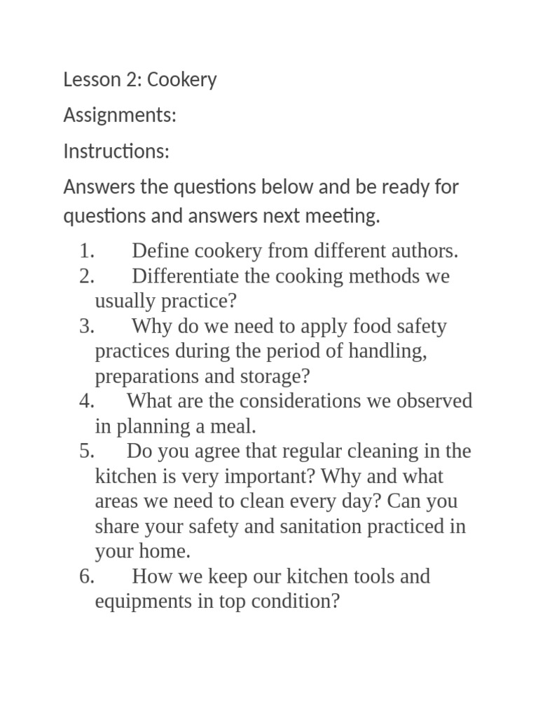 Cookery Assignments | PDF