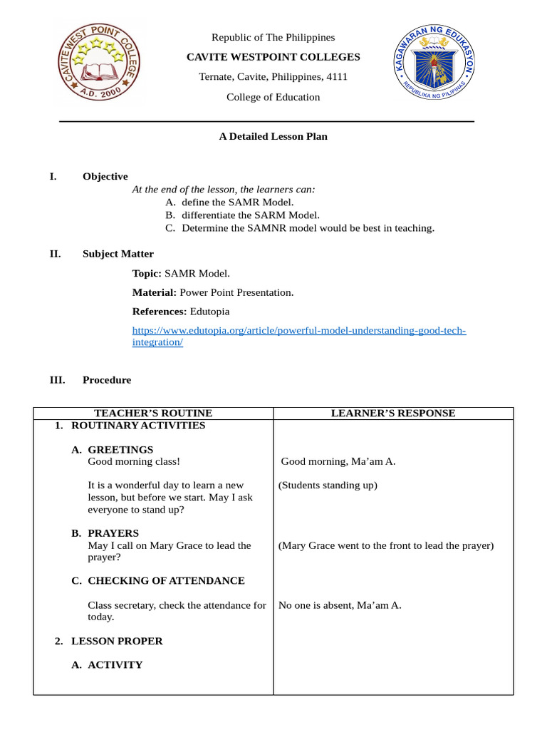Detailed Lesson Plan - Samr Model - Domingo | PDF | Teaching ...