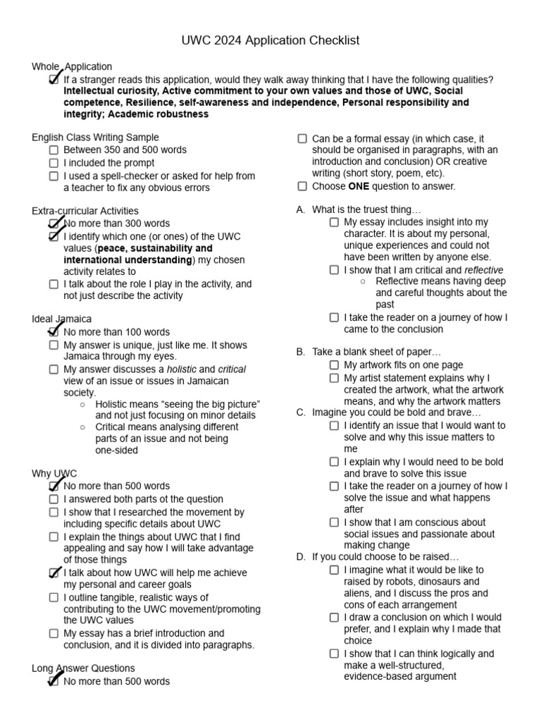 UWC Application 2024 Checklist | PDF | Essays