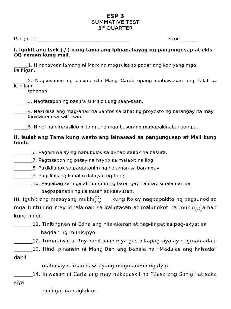 ESP3 - Summative Test Quarter 3 | PDF