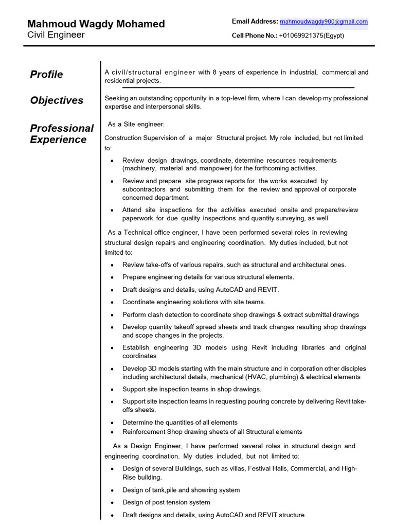 Mahmoud Wagdy: Civil Engineer Profile | PDF | Engineering