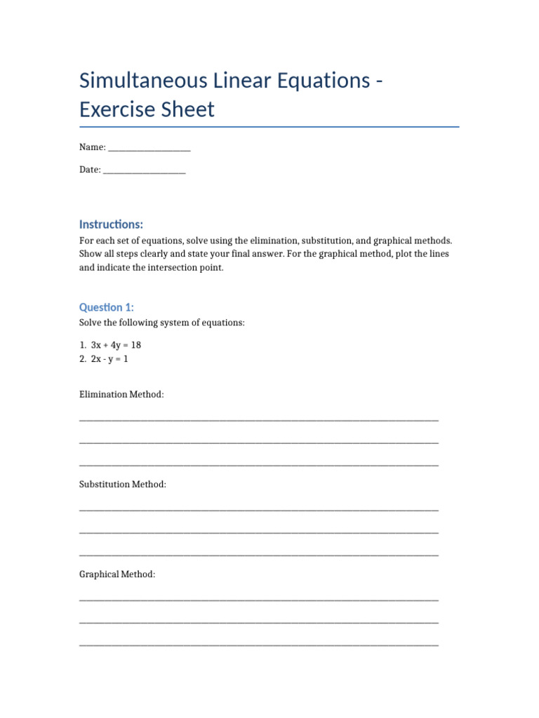 Simultaneous Linear Equations Exercise Sheet | PDF | Equations ...
