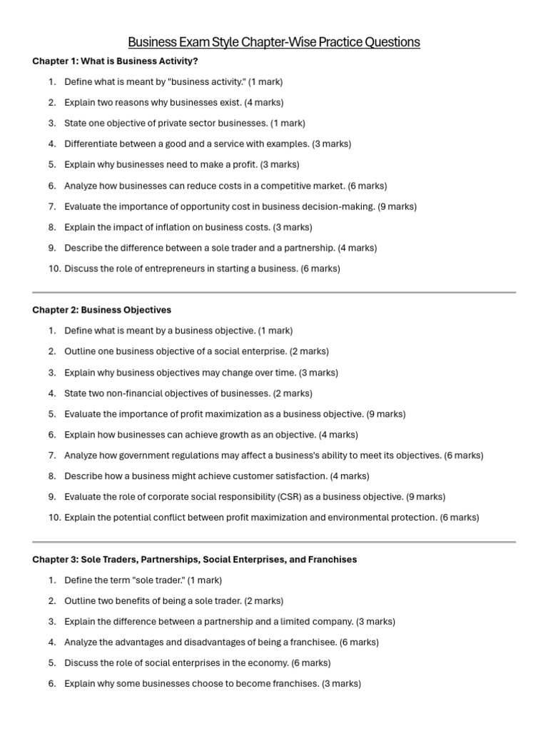 Business Exam Style Chapter-Wise Practice Questions | PDF | Balance ...