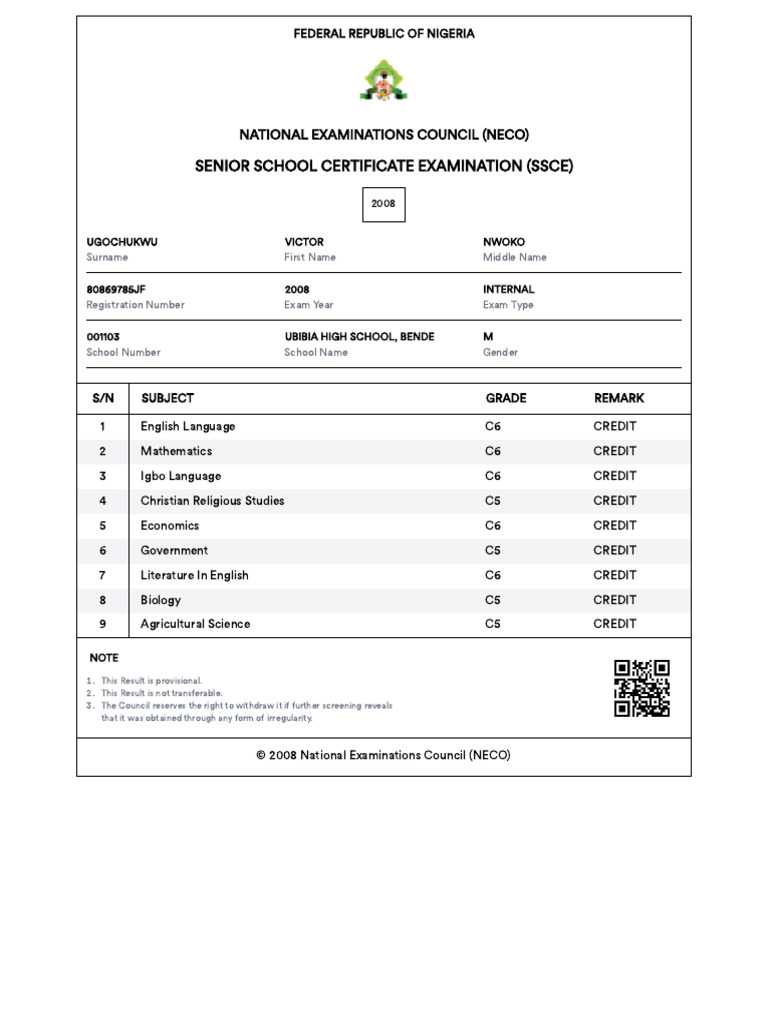 NECO Results Portal | PDF