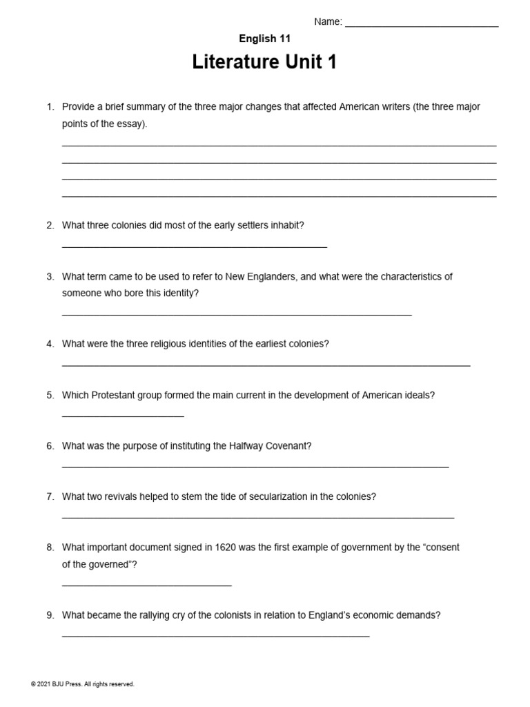 11en 3 Day001 LiteratureUnit1Handout I | PDF | The United States | Puritans