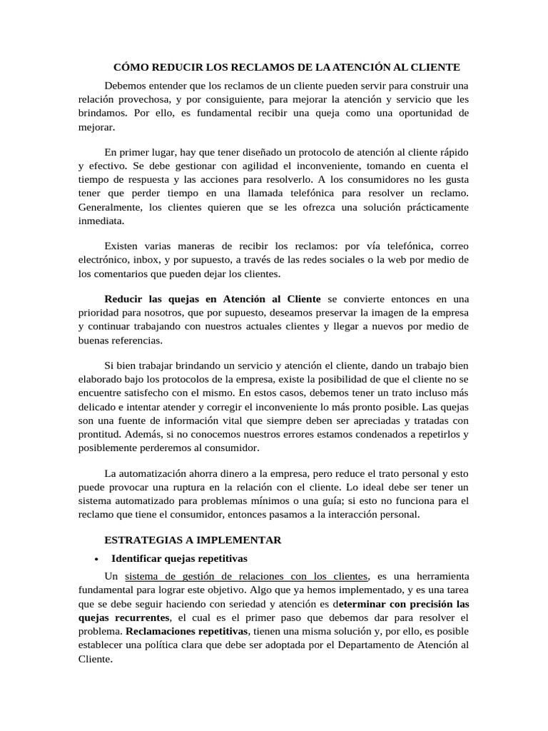 Cómo reducir los reclamos de la atención al cliente | PDF | Servicio al ...