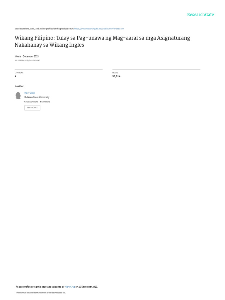 Wikang Filipino: Tulay Sa Pag-Unawa NG Mag-Aaral Sa Mga Asignaturang Nakahanay Sa Wikang Ingles ...