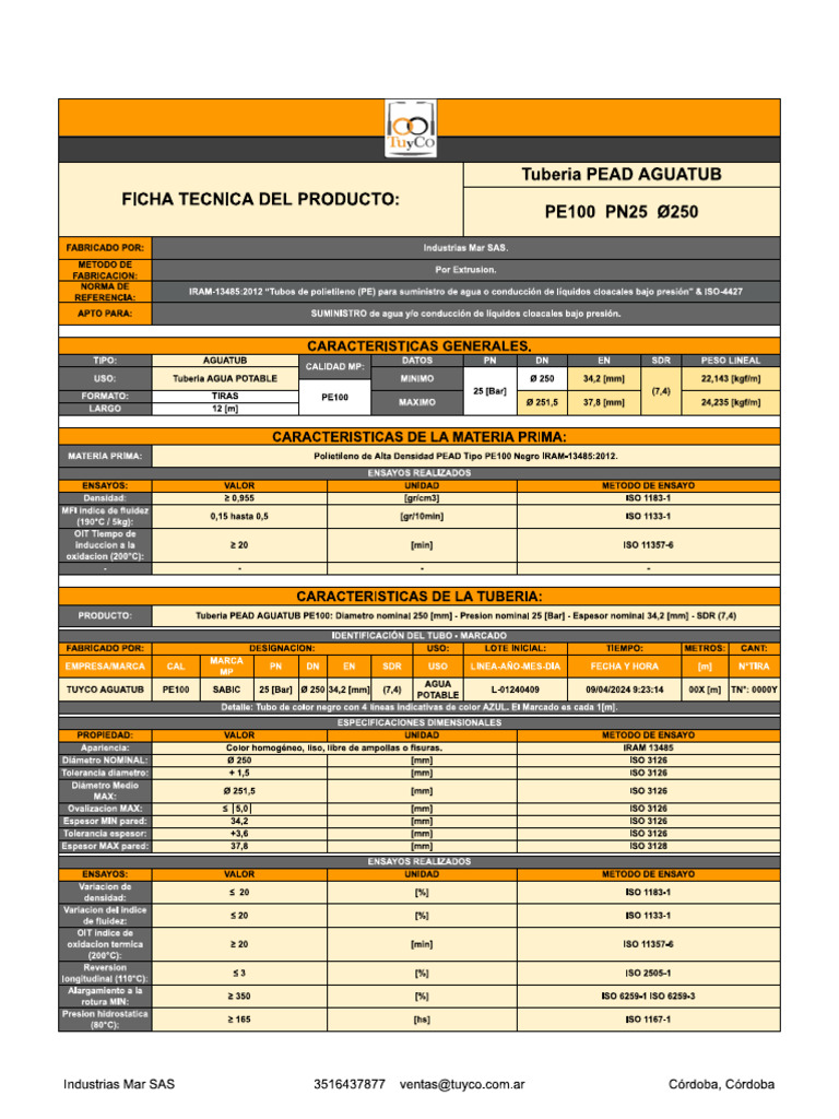 Ficha Técnica Tubería PEAD AGUATUB D250 PN25 PE100 | PDF