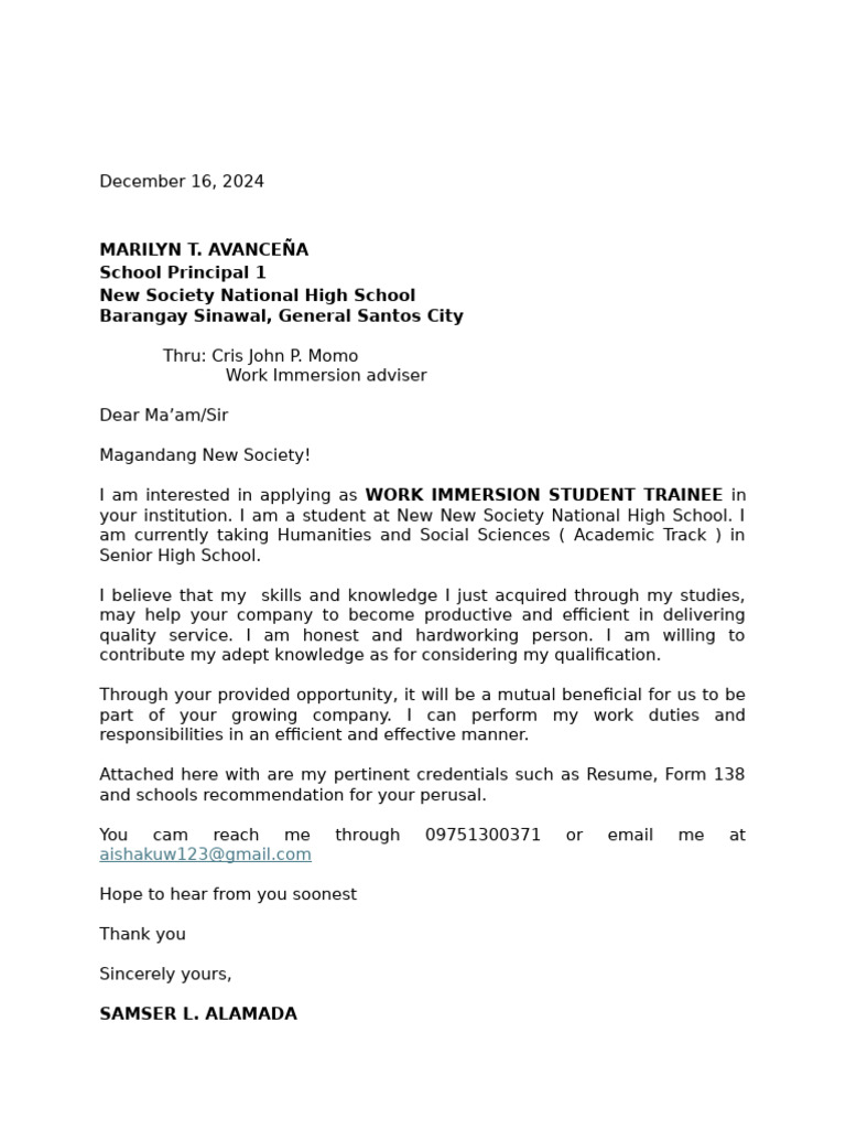 Alamada Samser L. Application Letter | PDF