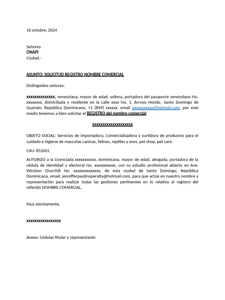 Carta Onapi Solicitud Nombre Comercial | PDF