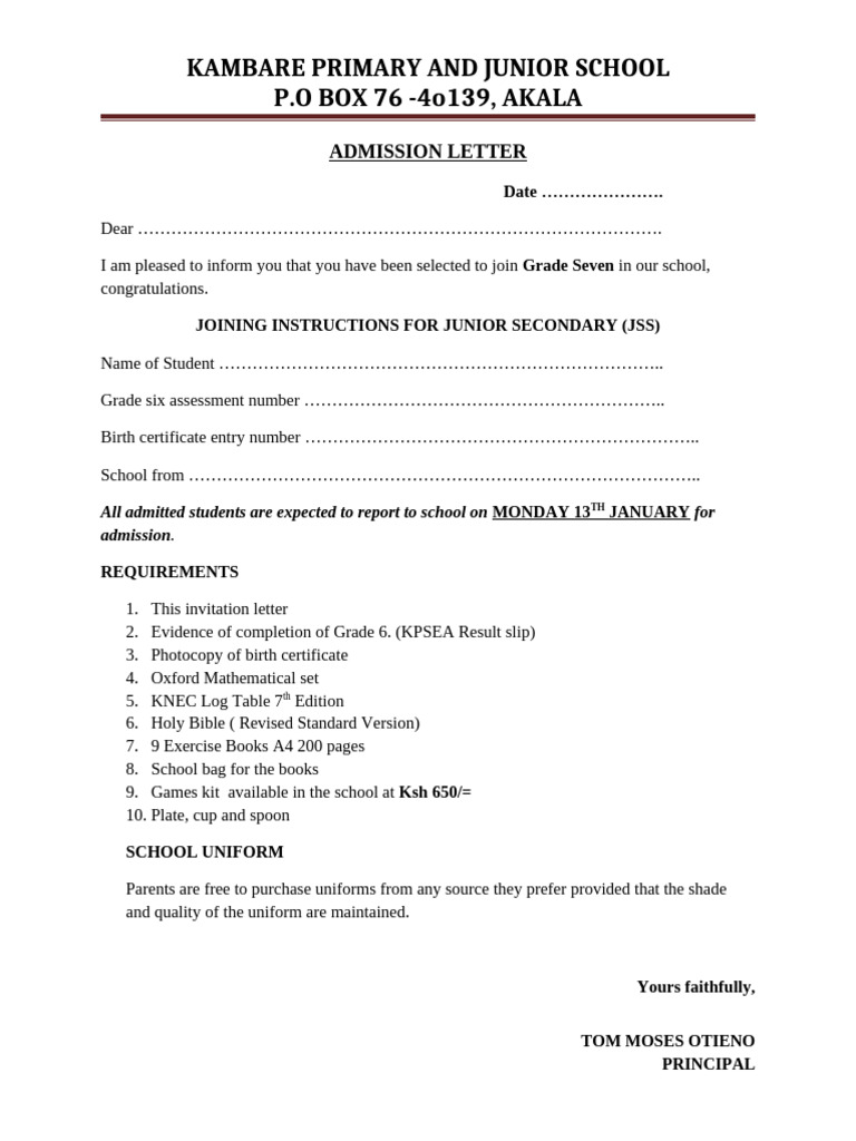 Grade 7 Admission Letter & Info | PDF
