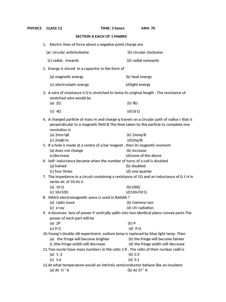 Class 12 Physics Exam Paper | PDF | Inductance | Diffraction