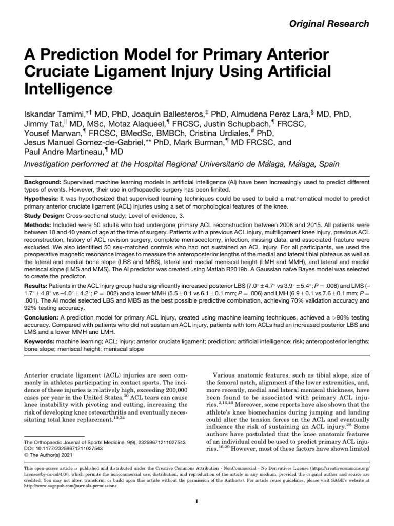 A Prediction Model for Primary Anterior | PDF | Knee | Lower Limb Anatomy