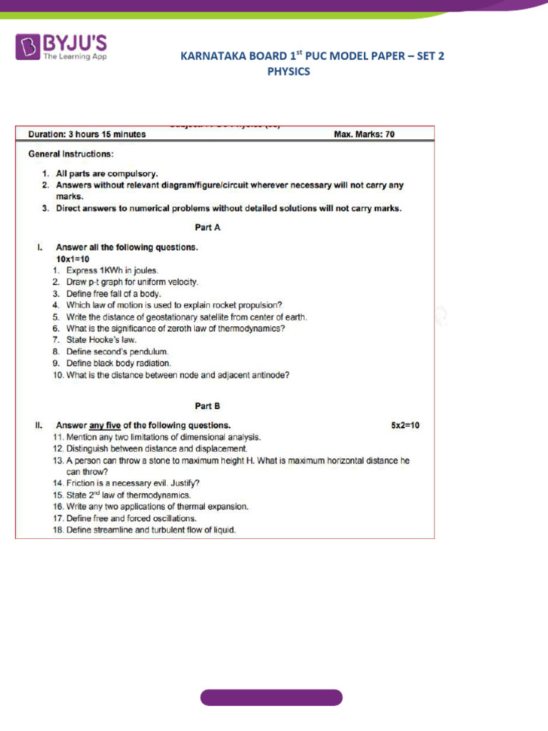 Karnataka Board 1st PUC Physics Model Paper Set 2 | PDF