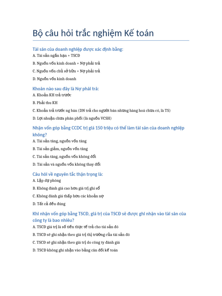 Bo Cau Hoi Trac Nghiem Ke Toan in Dam | PDF