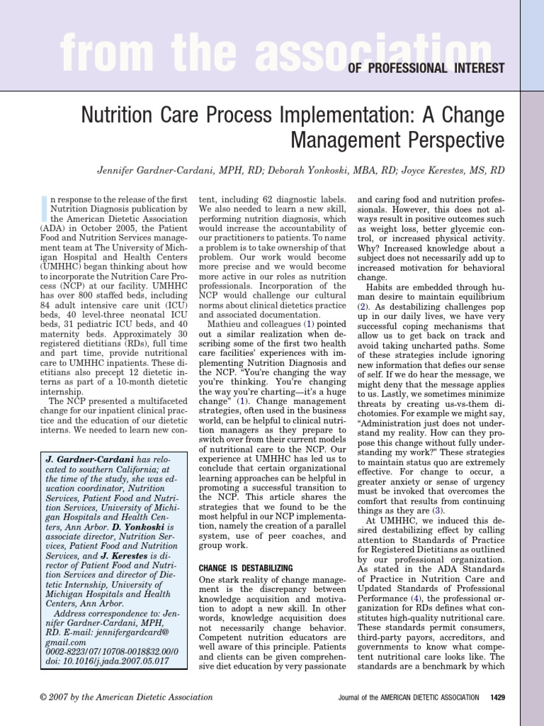 Nutrition Care Process Implementation A Change Management Perspective ...