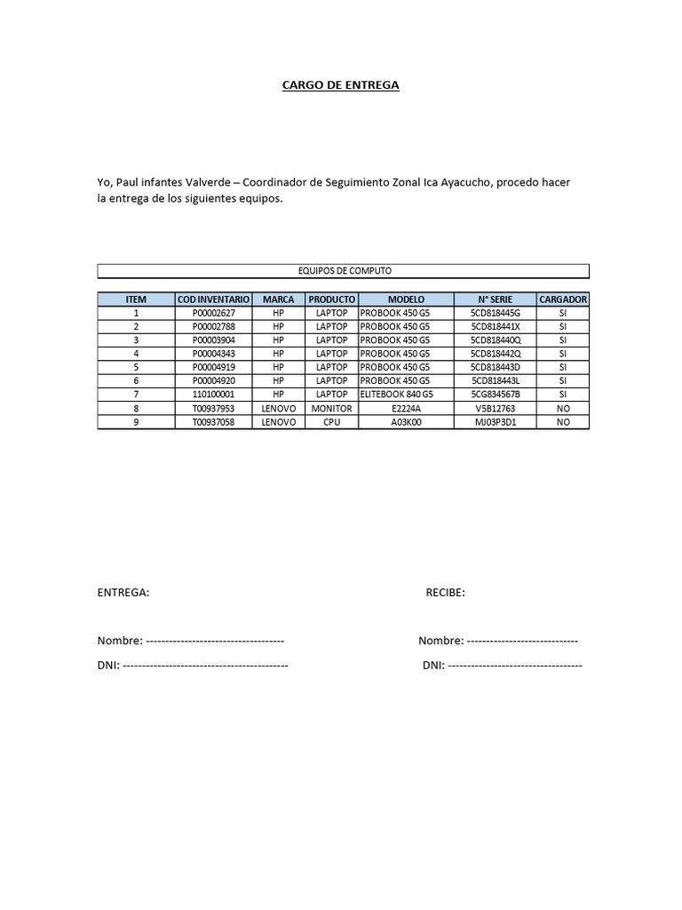Cargo de Entrega - Equipos de Computo | PDF