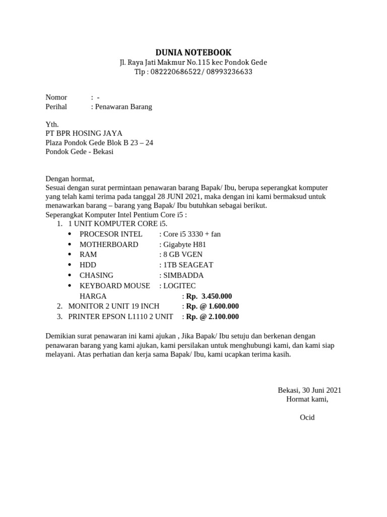 SURAT PENAWARAN DUNIA NOTEBOOK | PDF
