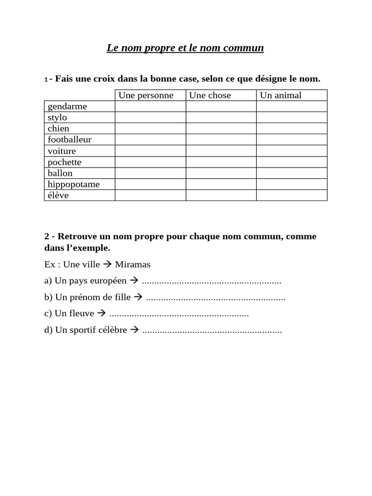Exercices Le Nom Propre Et Le Nom Commun | PDF